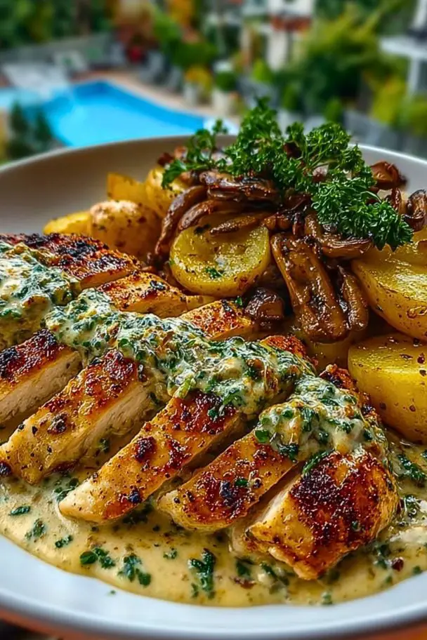 Chestnut Garlic Greek Chicken Alfredo with Sage Potatoes & Mushroom ...